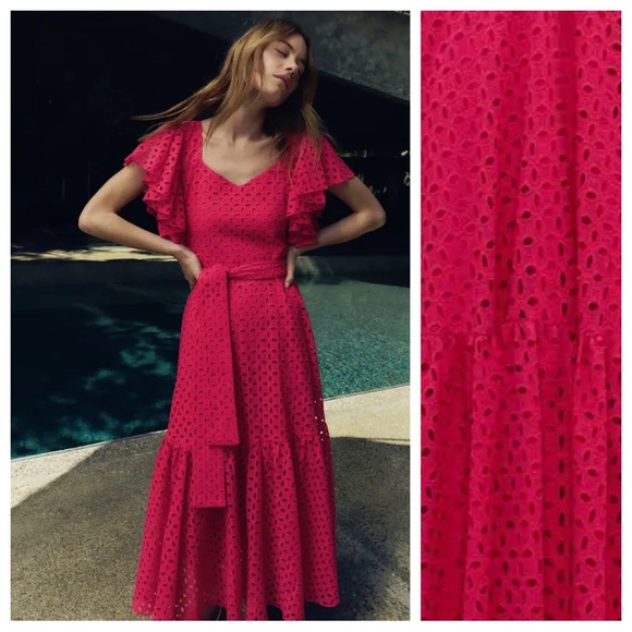 Zara | Dresses | Nwt Zara Fuchsia Cutwork Embroidery Midi Dress With ...